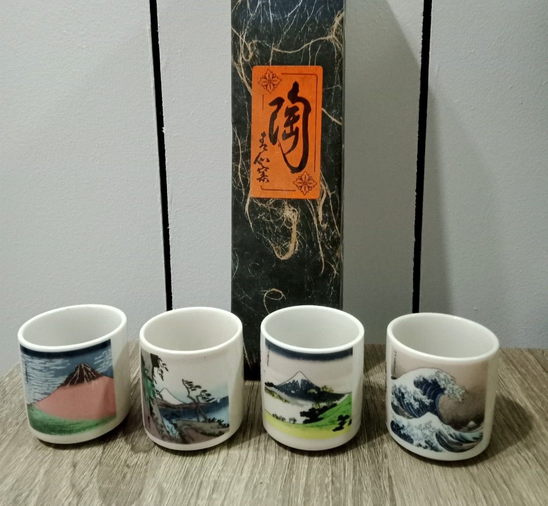 Vintage Hokusai wook Block Picture Japanese,ochoko sake Tea cup set Of ...