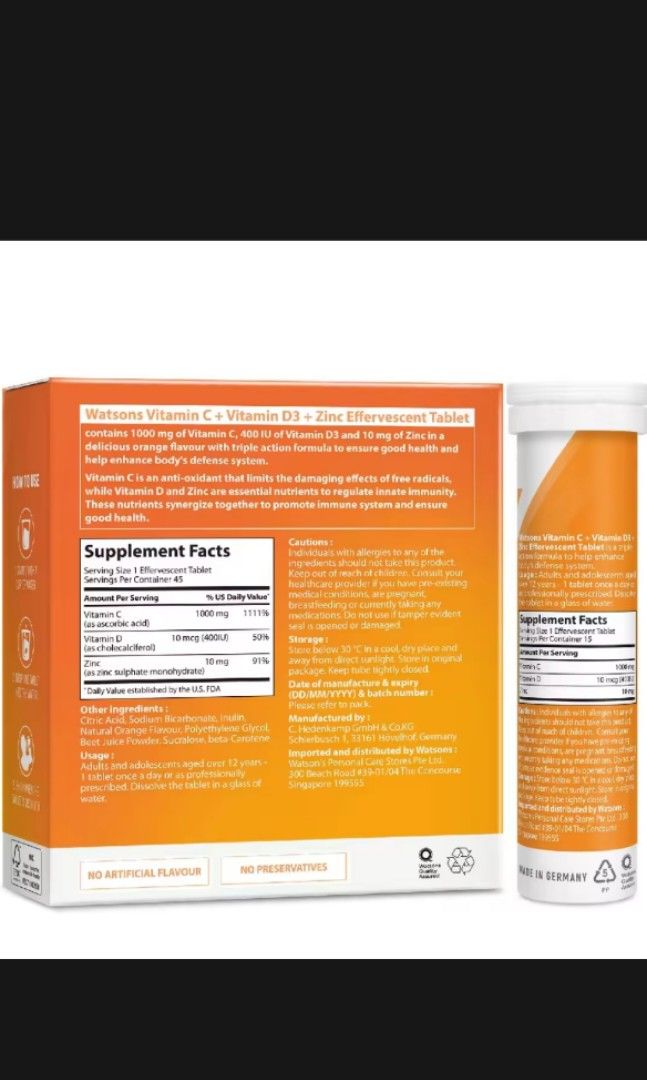 WATSONS Vitamin C + Vitamin D3 + Zinc Effervescent Tablets, Health ...