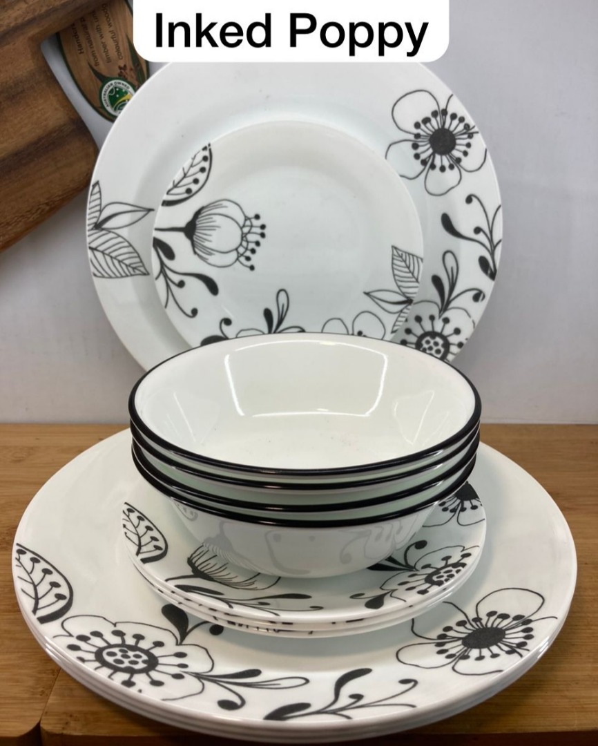 Corelle Inked Poppy 12pcs, Furniture & Home Living, Kitchenware ...