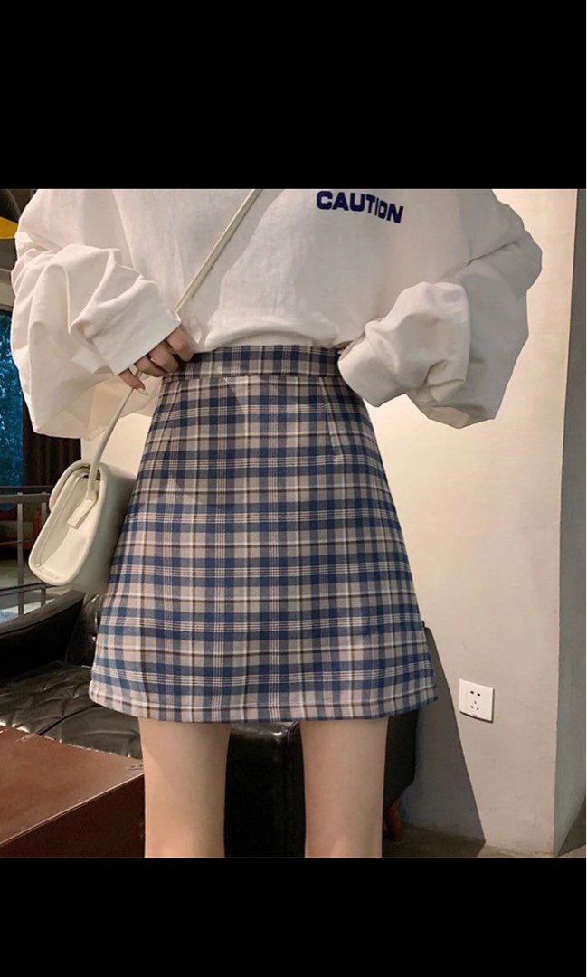 (Instock) Blue Checkered Grid Aline Pencil Skirt, Women's Fashion ...