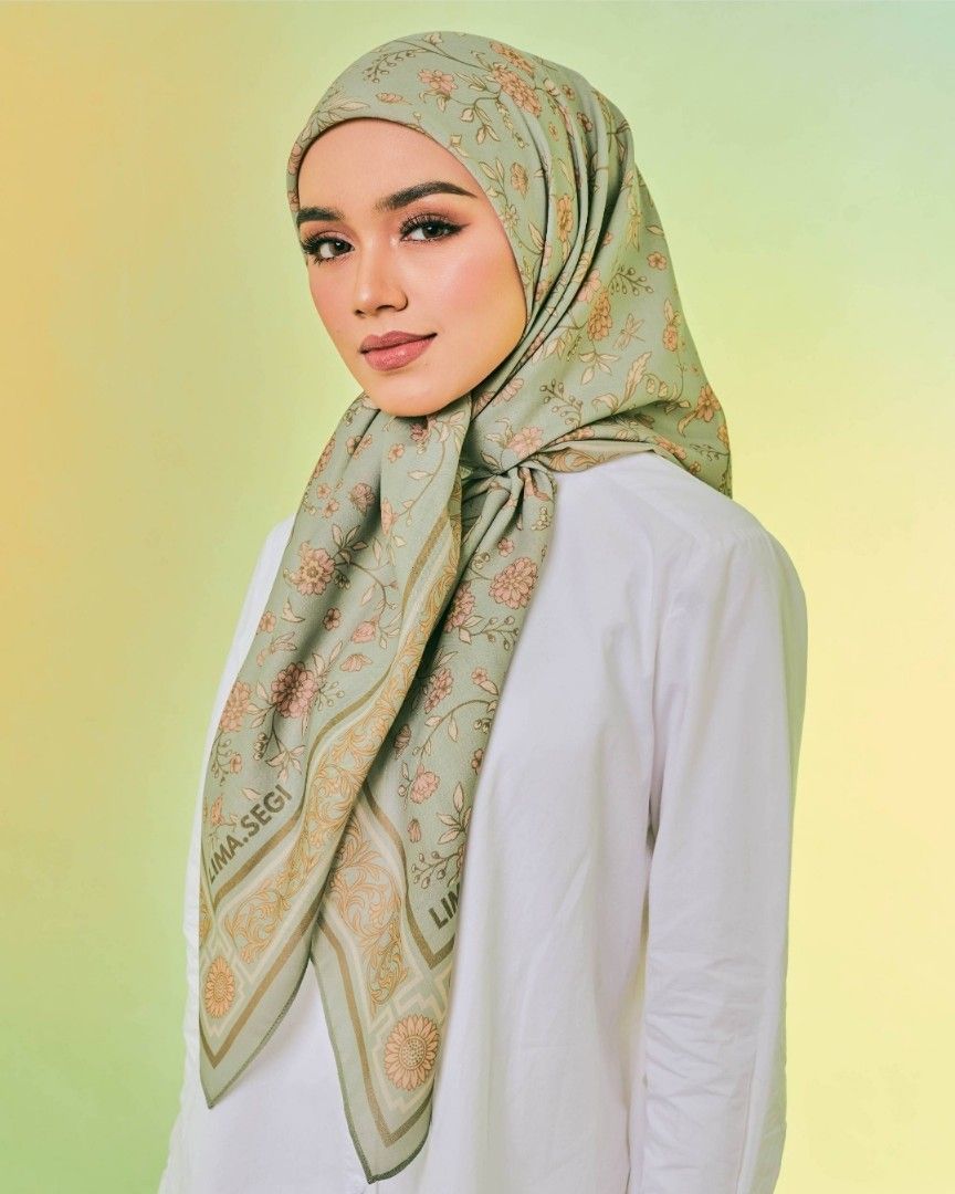 INSTOCK Bawal Cotton Voile Olive Green Lima.Segi Bunga Square Hijab, Women's Fashion, Muslimah ...