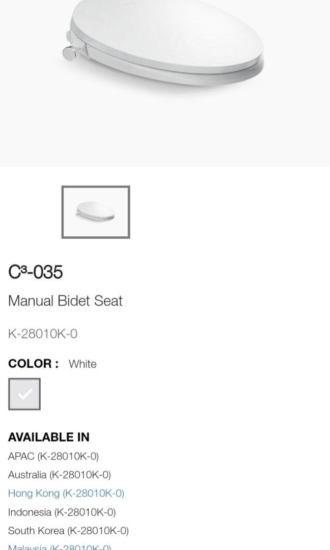 Kohler manual bidet seat cover (28010K-0), Furniture & Home Living ...