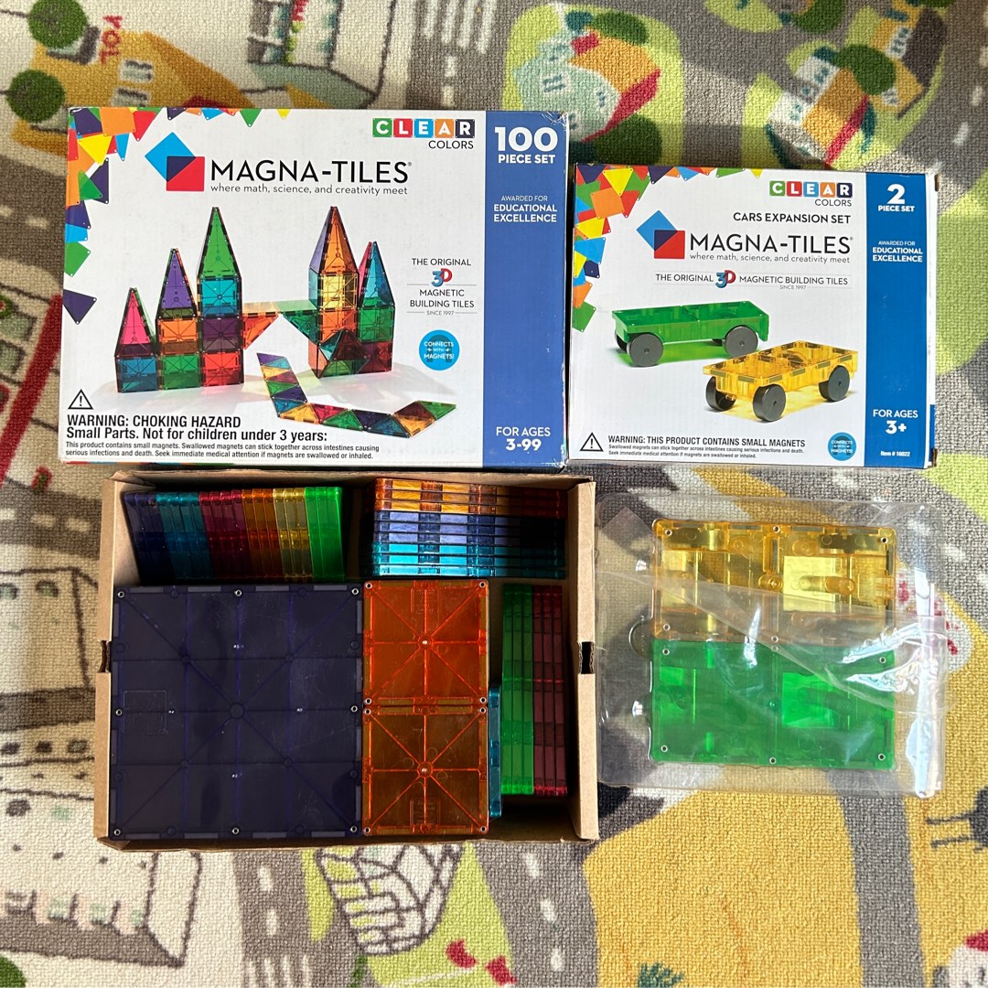 Magna-Tiles Clear Colors 100 Piece Set + 2 cars, 興趣及遊戲, 玩具 & 遊戲類 - Carousell