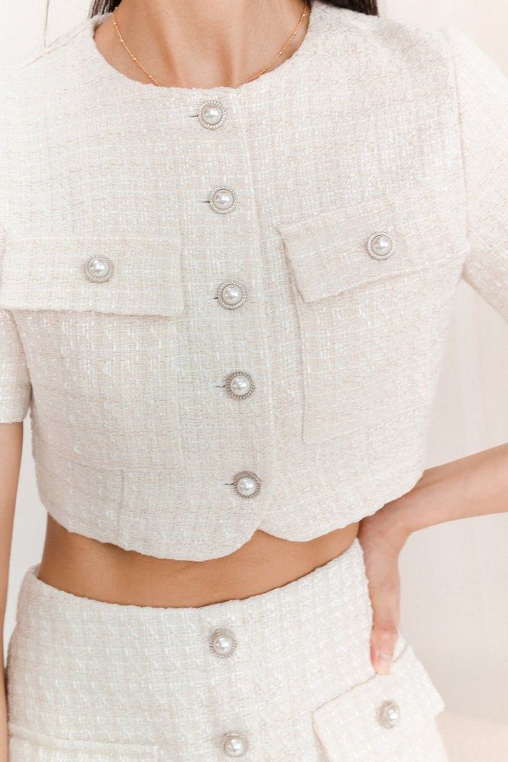 Tiffany Tweed Co-Ord Top In Cream White, Women's Fashion, Tops, Other ...