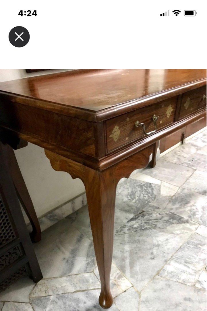 Vintage Rosewood Writing Table / Office Table Brass Inlaid with Glass ...