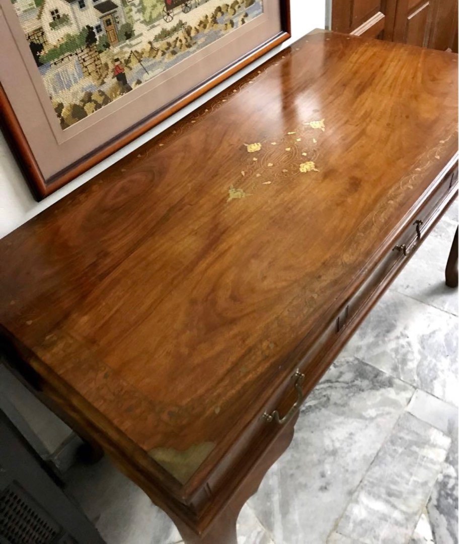 Vintage Rosewood Writing Table / Office Table Brass Inlaid with Glass ...