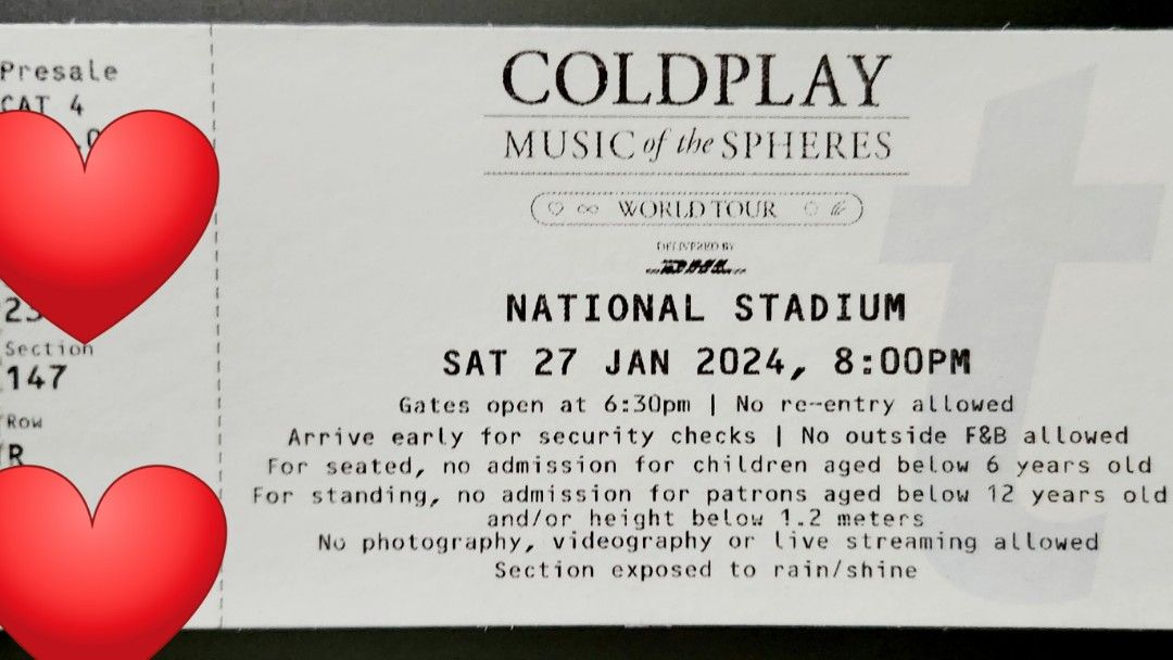 WTS 3x Physical Tickets of Coldplay's Concert 27 Jan 2024, Tickets ...