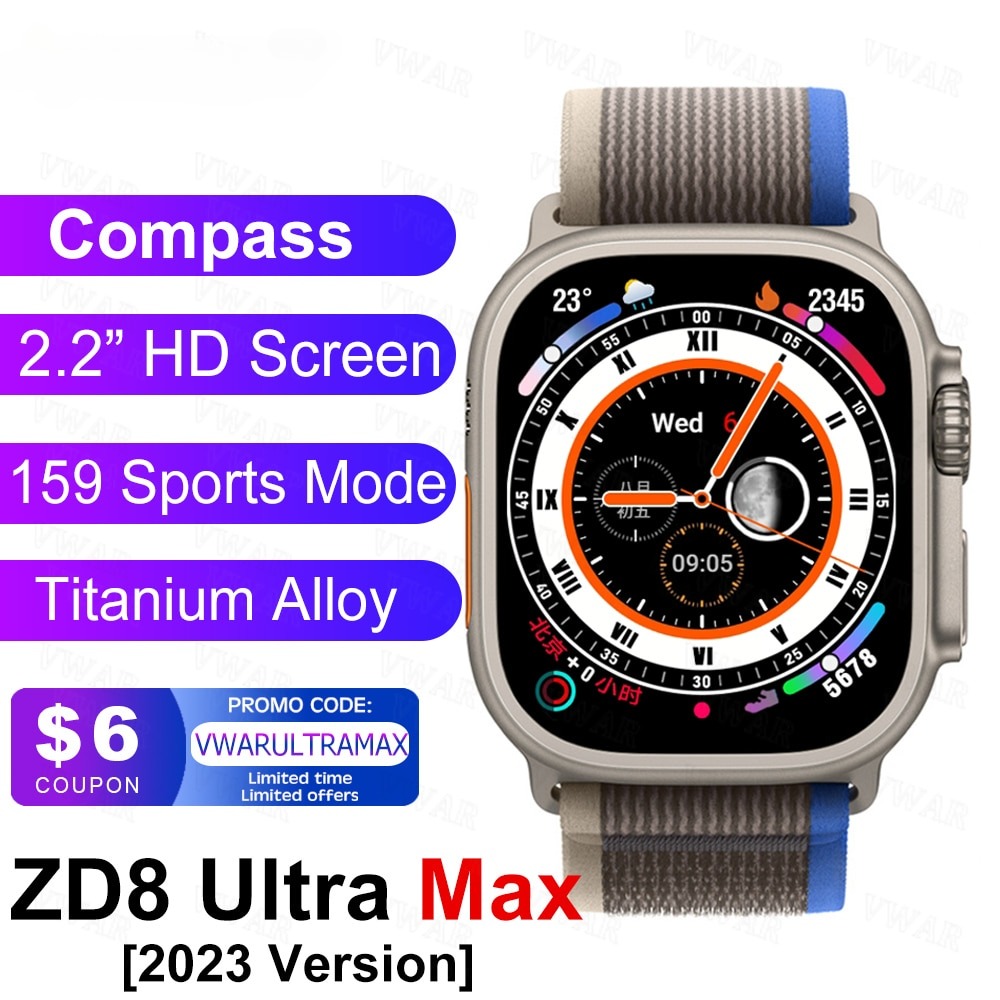 2023 ZD8 Ultra MAX Plus Smart Watch Series 8 Compass 49mm Titanium Alloy Bluetooth Call NFC ECG ...