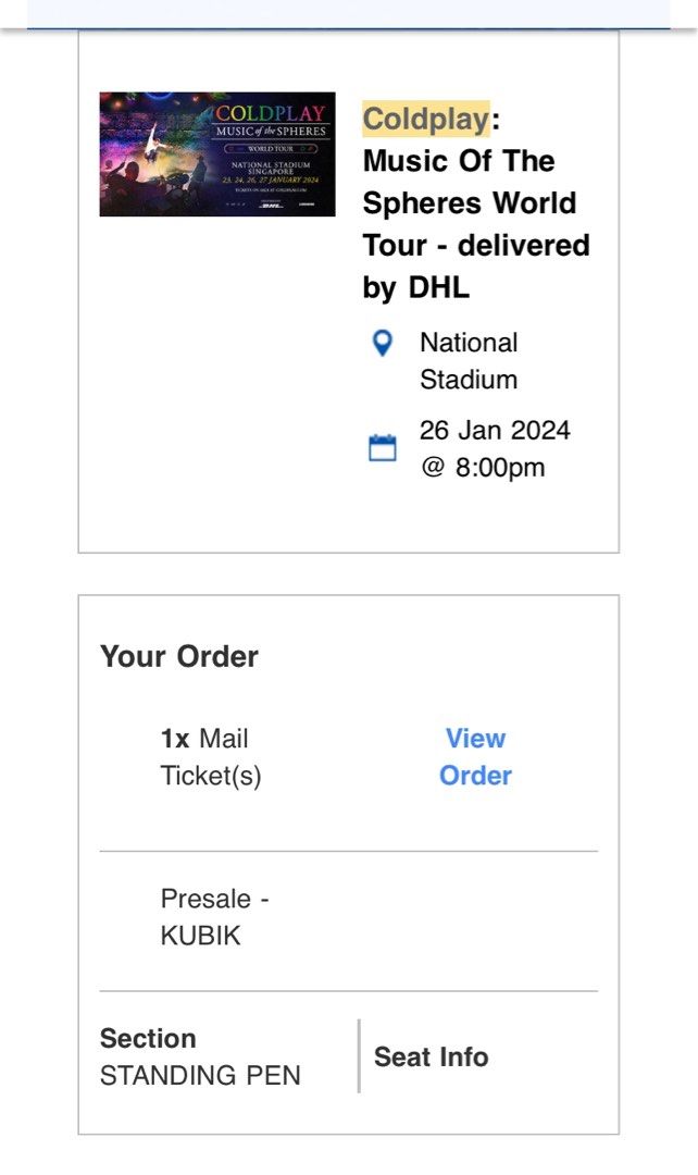 COLDPLAY SG 26JAN KUBIK EXPERIENCE TICKET, Tickets & Vouchers, Event ...