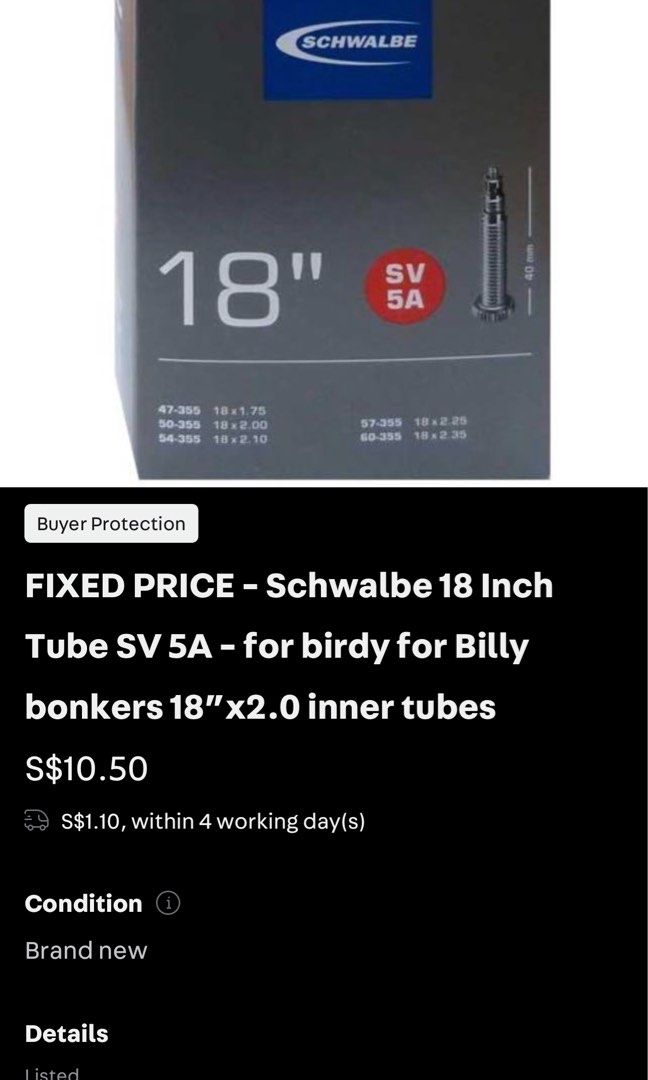 FIXED PRICE - Schwalbe 18 Inch Tube SV 5A - for birdy for Billy bonkers 18" ×2.0 inner tubes ...