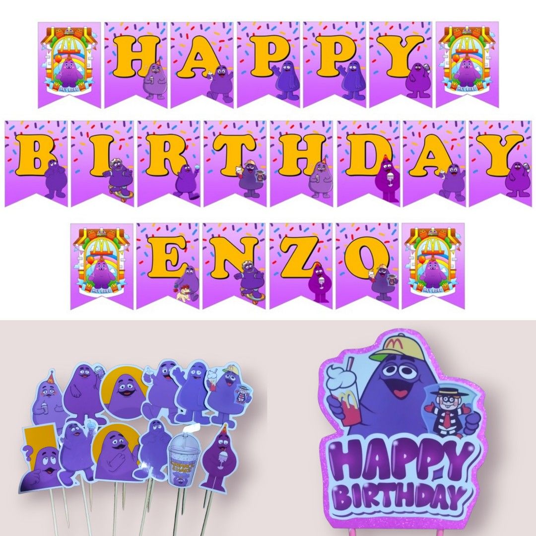 Grimace Theme Birthday Party Banner Cupcake Cake Topper Decoration ...