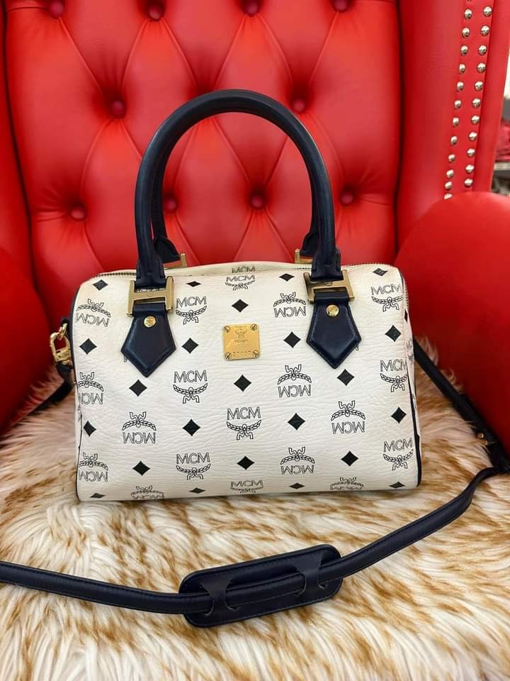 MCM Visetos Boston 25 White Top Handle Bag on Carousell