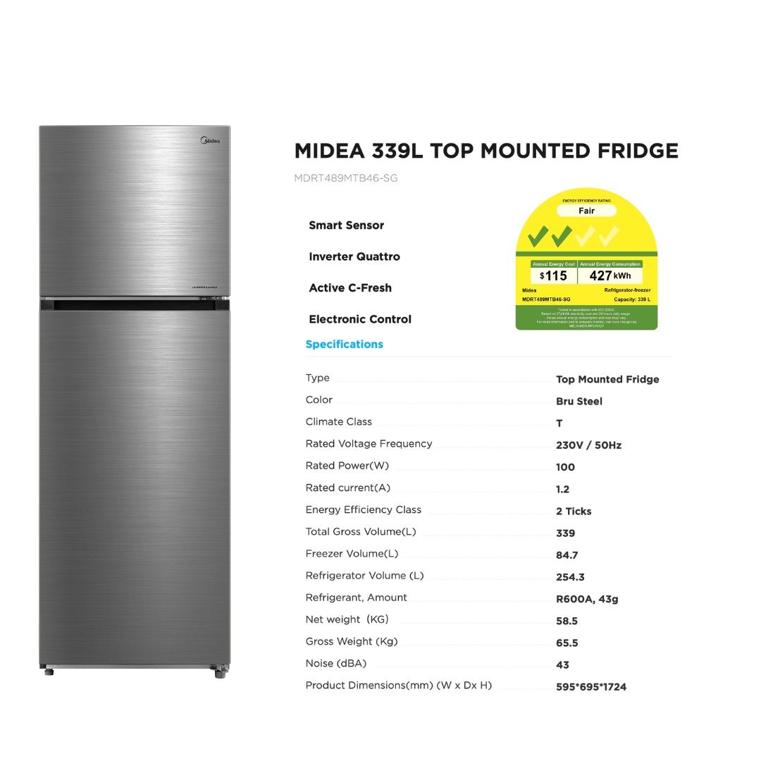 MIDEA 183/204/237/339/413L BLACK/SILVER TOP FREEZER REFRIGERATOR ...
