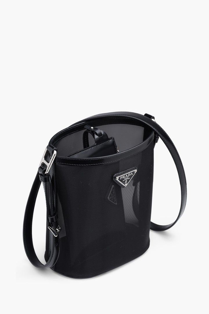 PRADA Triangle Logo Cylinder Top Handle Bag in Black Technical Mesh ...