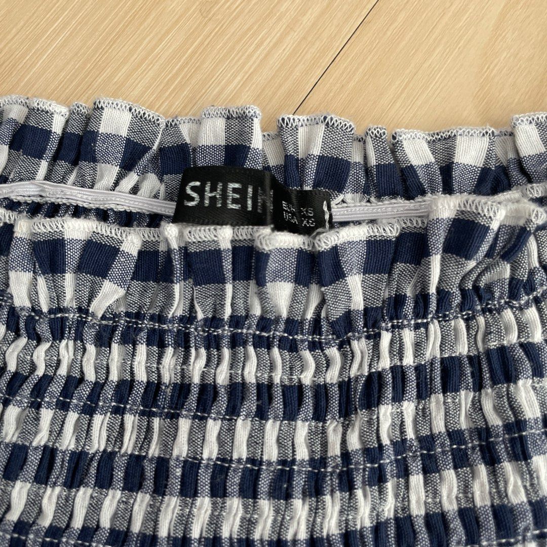 Shein Frill Trim Shirred Bodice Split Thigh Gingham Dress Navy Blue