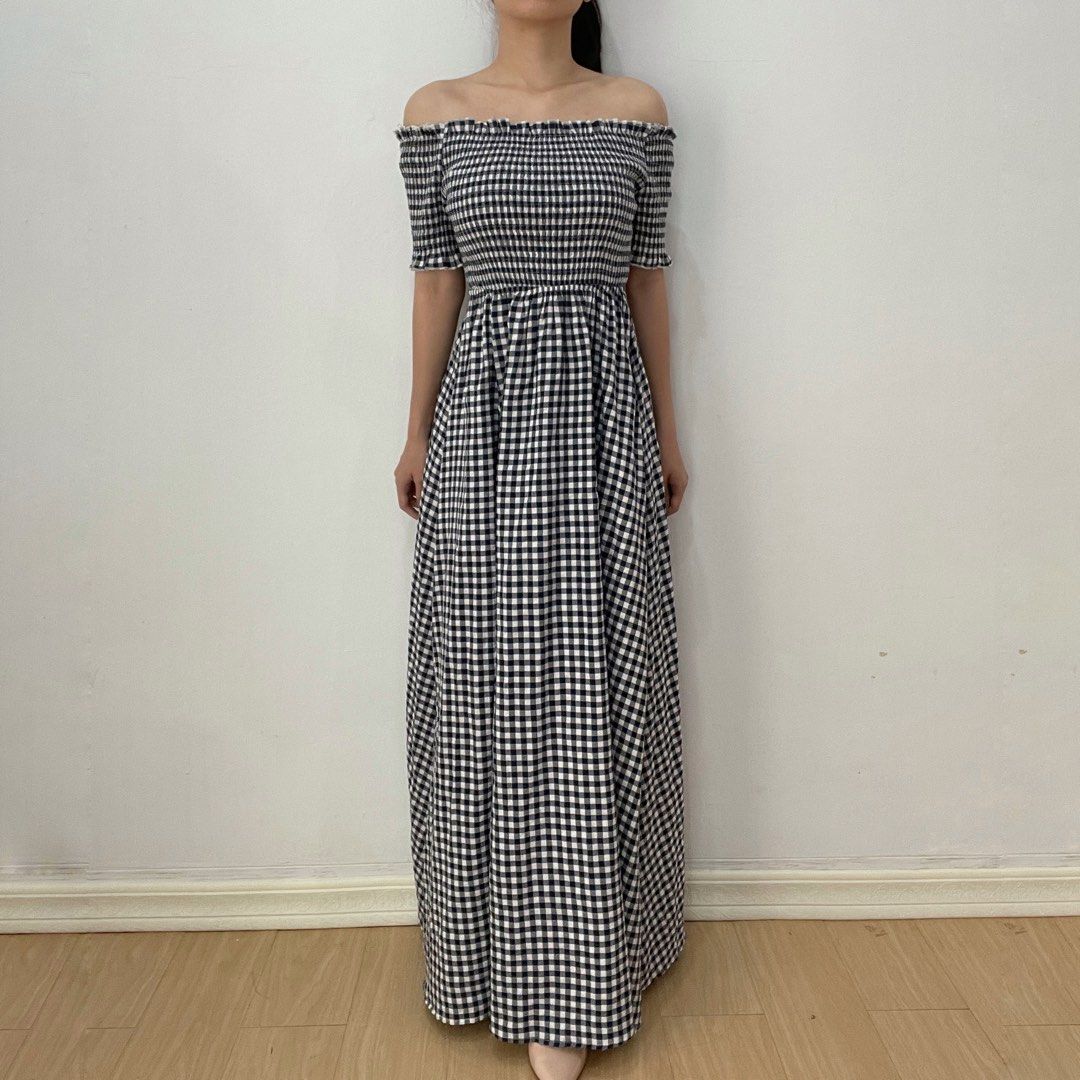 Shein Frill Trim Shirred Bodice Split Thigh Gingham Dress Navy Blue