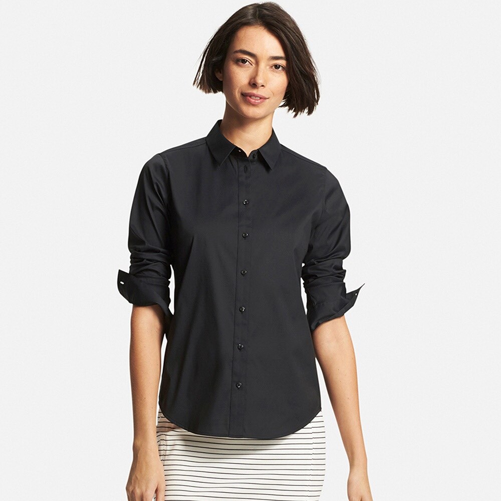 UNIQLO SUPIMA cotton stretch longsleeve (navy blue), Women's Fashion ...