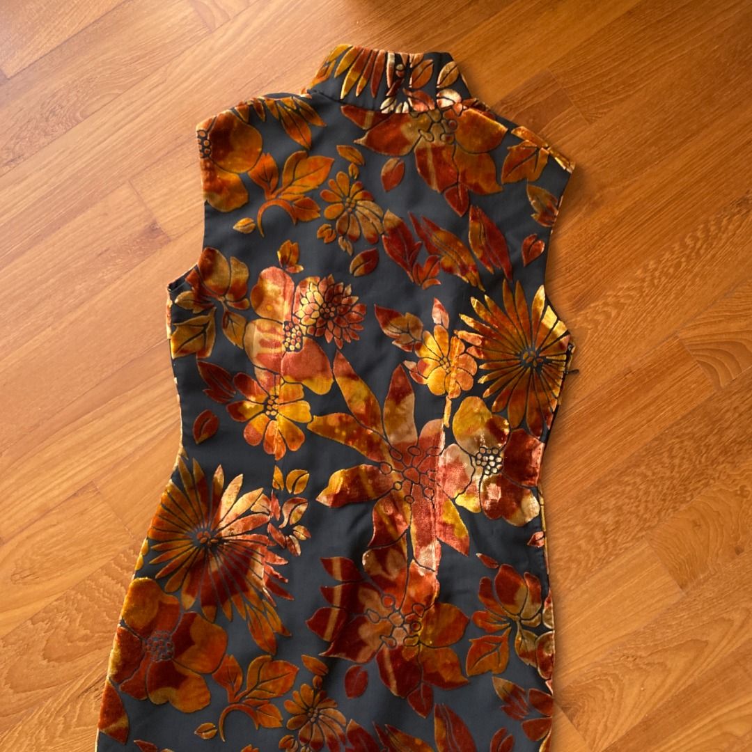 Vintage Velvet Burnt Orange Floral Cheongsam Qipao, Women's Fashion ...