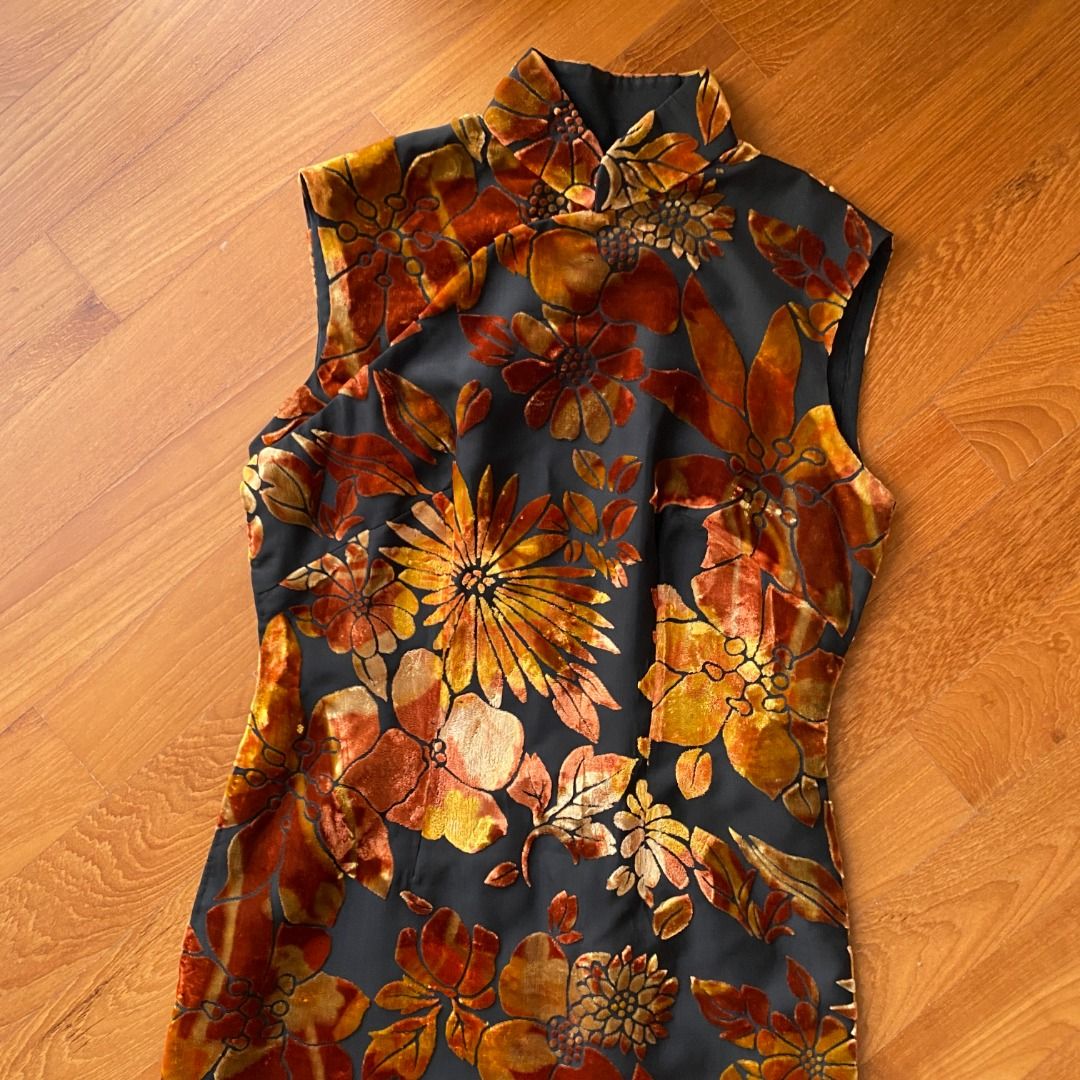 Vintage Velvet Burnt Orange Floral Cheongsam Qipao, Women's Fashion ...