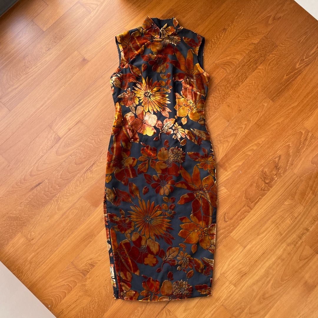 Vintage Velvet Burnt Orange Floral Cheongsam Qipao, Women's Fashion ...