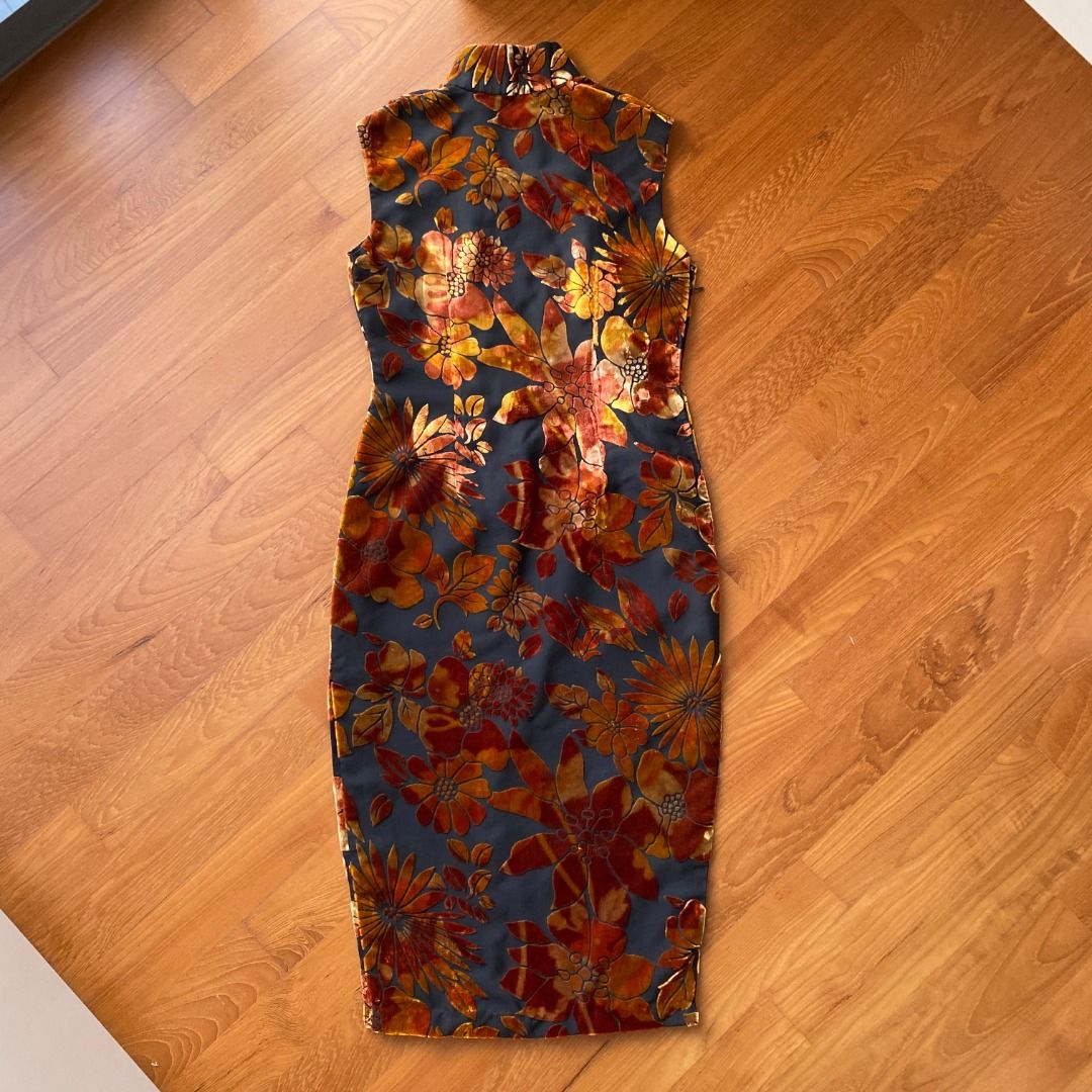 Vintage Velvet Burnt Orange Floral Cheongsam Qipao, Women's Fashion ...