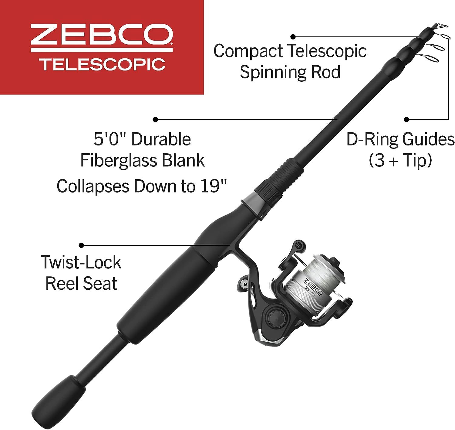 Zebco 33 Spinning Reel and Telescopic Fishing Rod Combo (5 Foot - Micro ...