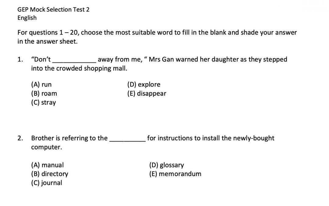 GEP sample selection tests English, Math, GA (2 sets each), Hobbies ...