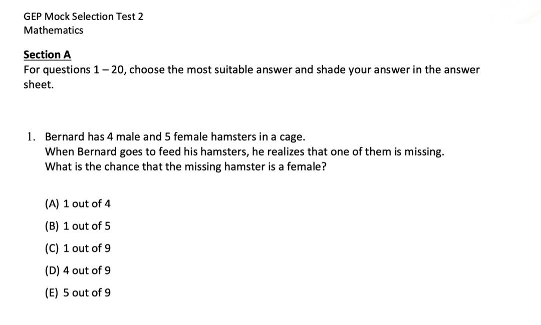 GEP sample selection tests English, Math, GA (2 sets each), Hobbies ...