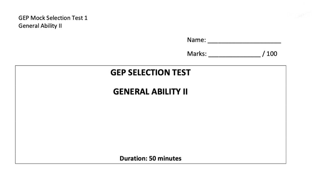 GEP sample selection tests English, Math, GA (2 sets each), Hobbies ...