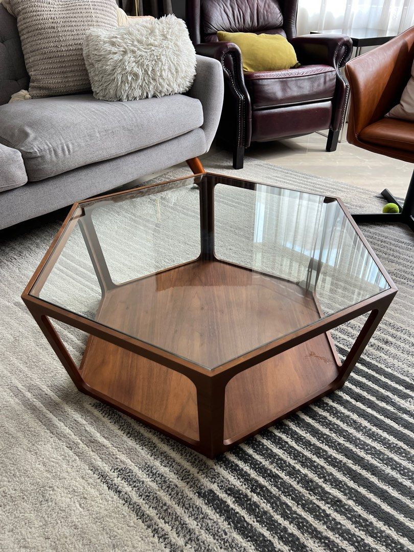Contemporary Hexagon Coffee Table with glass top, Furniture & Home ...