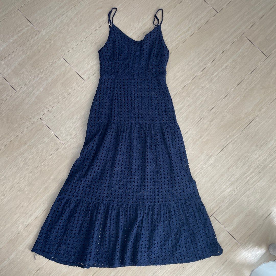 Dark Blue Navy Eyelet Broderie Lace Tier Layer Mermaid Midi Midaxi ...