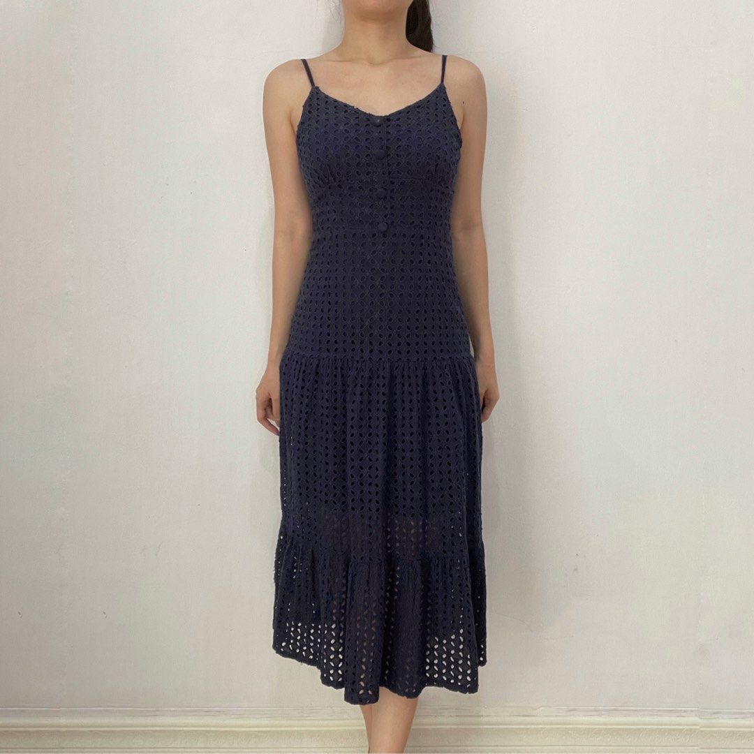 Dark Blue Navy Eyelet Broderie Lace Tier Layer Mermaid Midi Midaxi ...