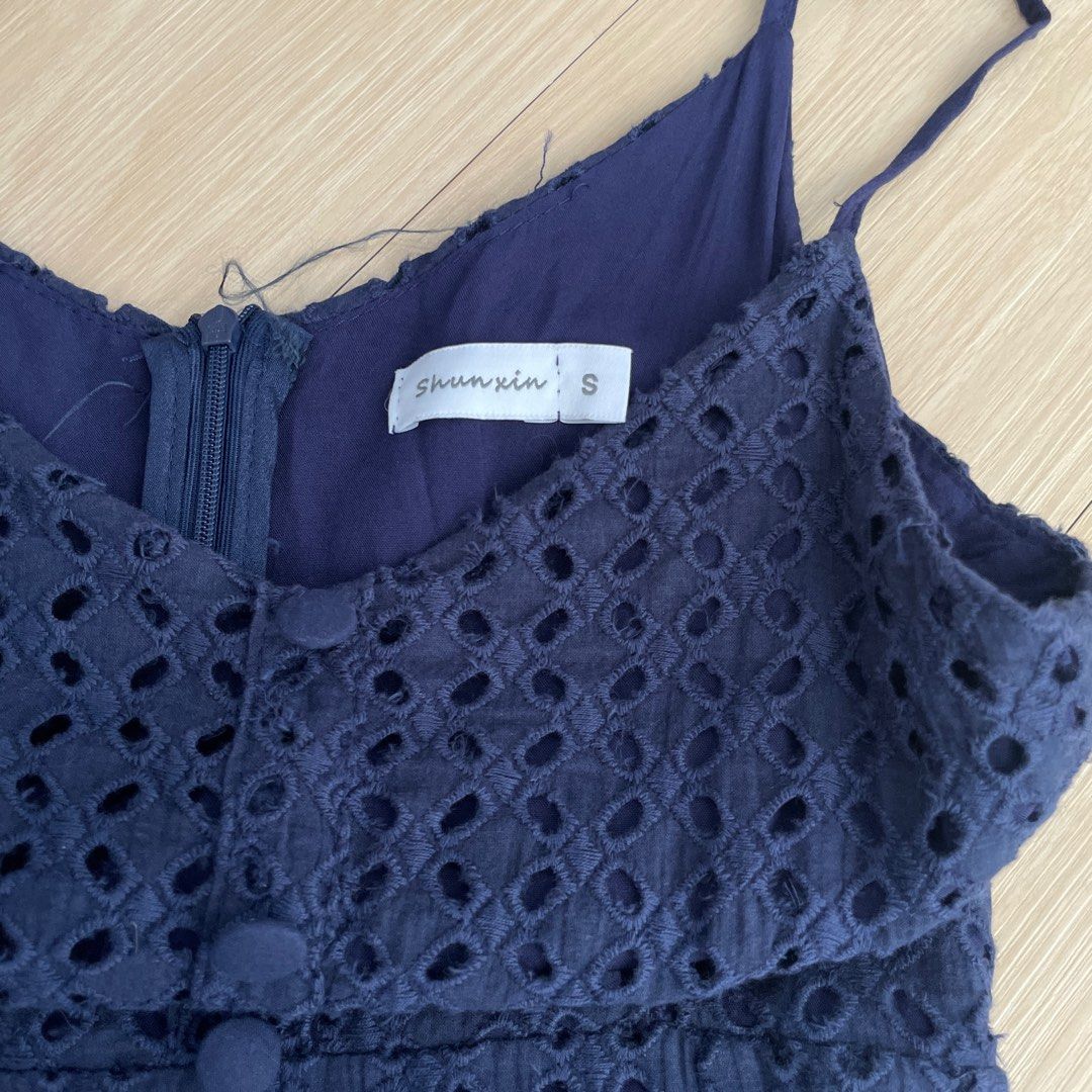 Dark Blue Navy Eyelet Broderie Lace Tier Layer Mermaid Midi Midaxi ...