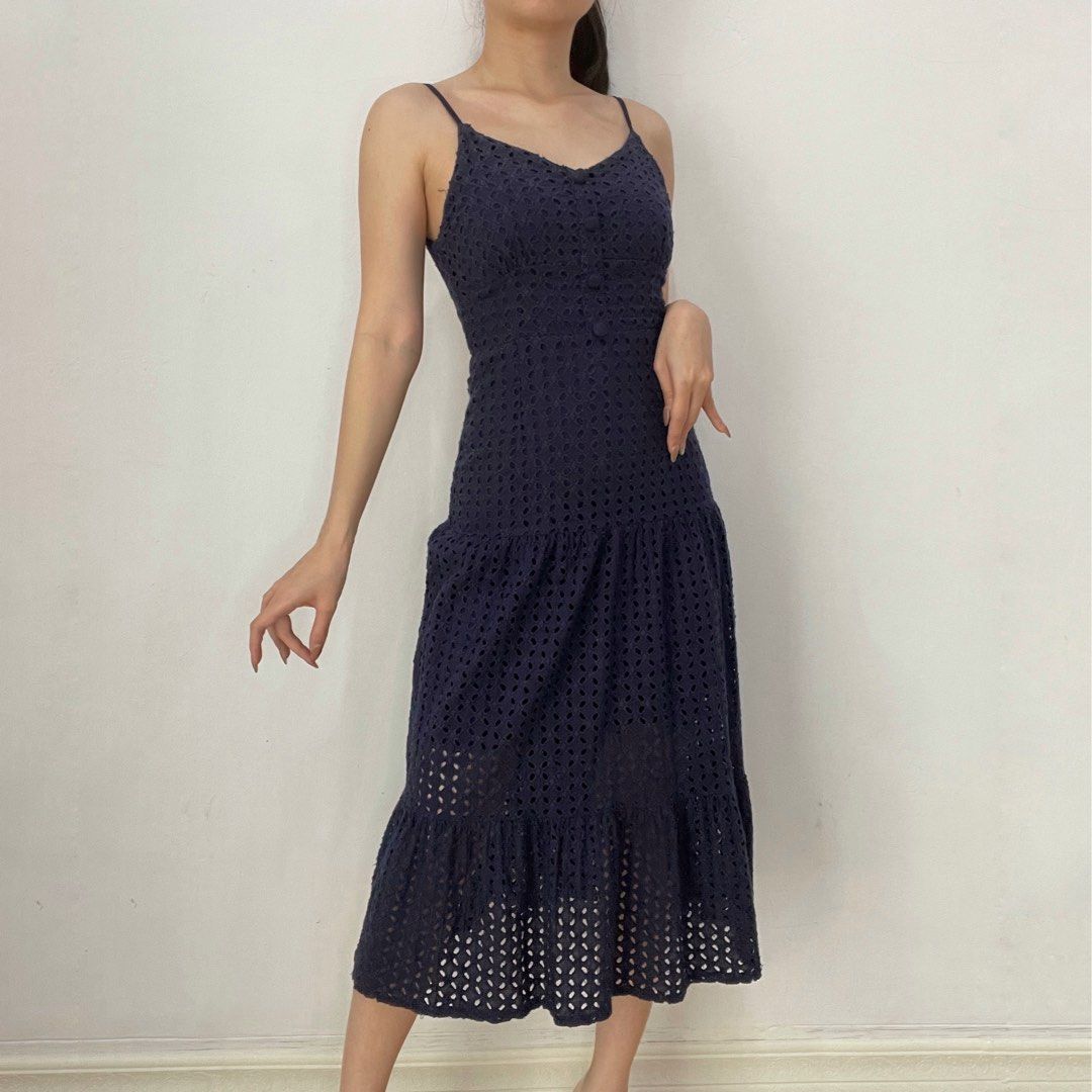 Dark Blue Navy Eyelet Broderie Lace Tier Layer Mermaid Midi Midaxi ...