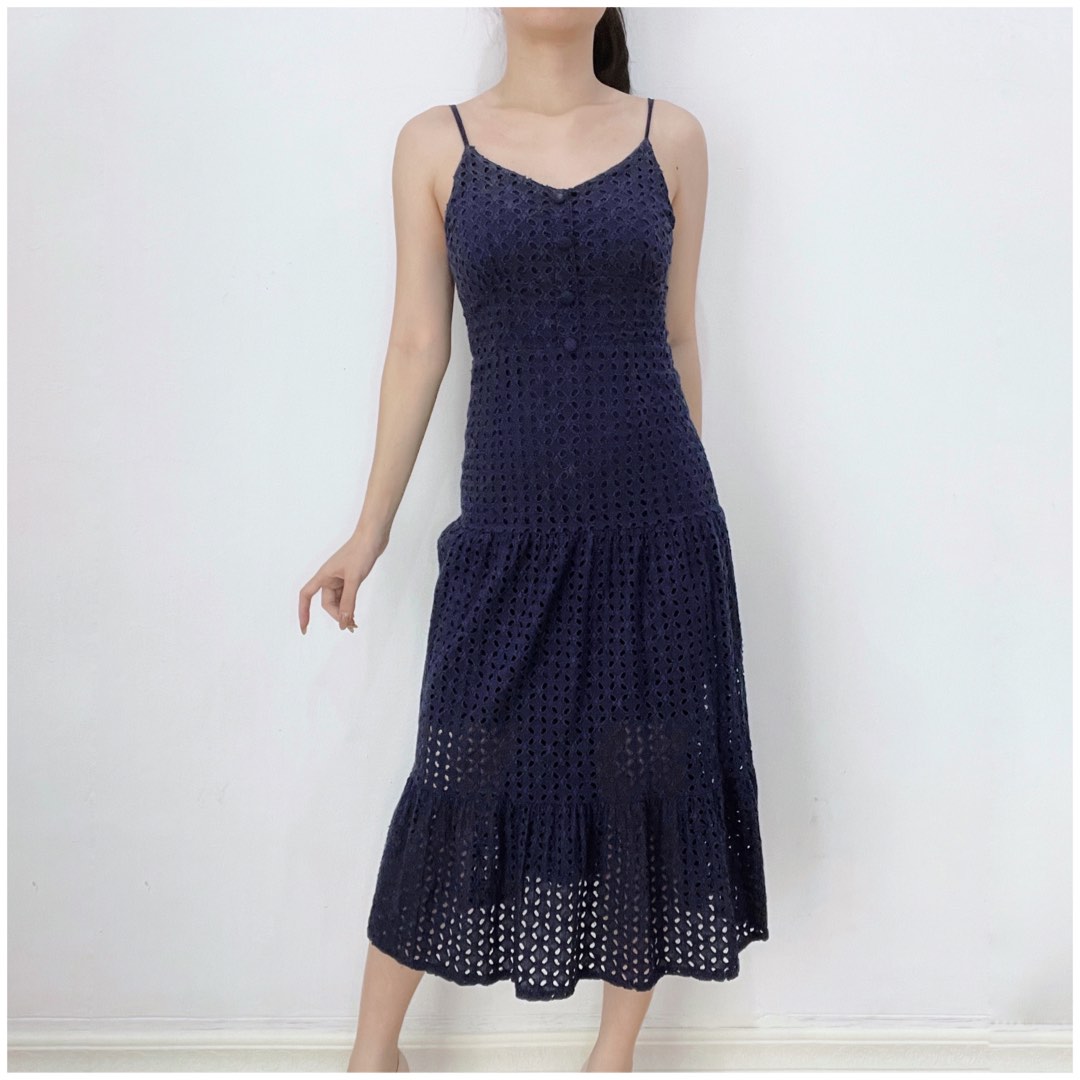 Dark Blue Navy Eyelet Broderie Lace Tier Layer Mermaid Midi Midaxi ...