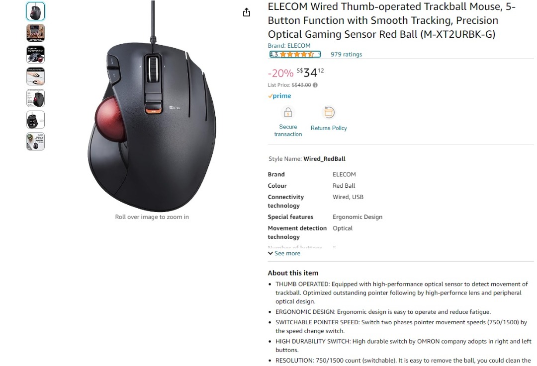 ELECOM Wired Thumb-operated Trackball Mouse, 5-Button Function with ...