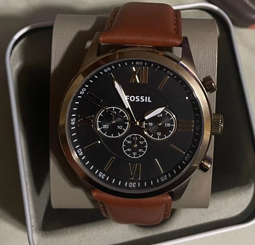 Fossil BQ2261 Flynn Black Chronograph Brown Leather Analog Men's Casual ...