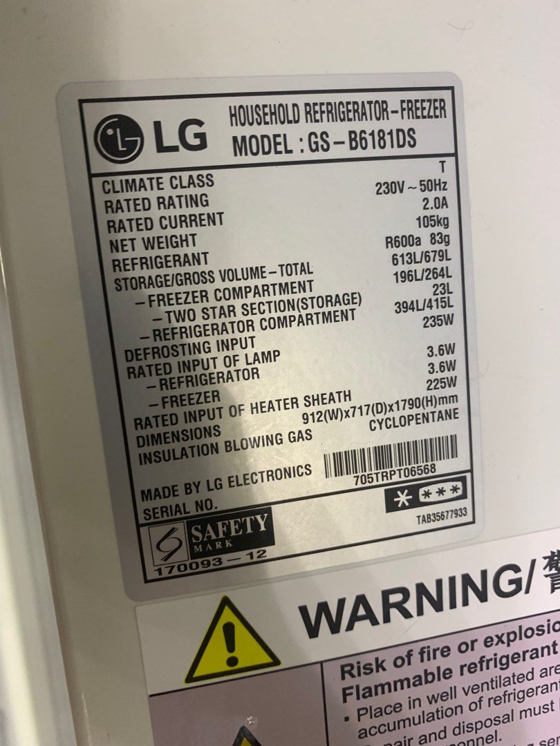 LG 3Ticks Linear Inverter Side by Side Fridge, 613L, TV & Home Appliances, Kitchen Appliances ...