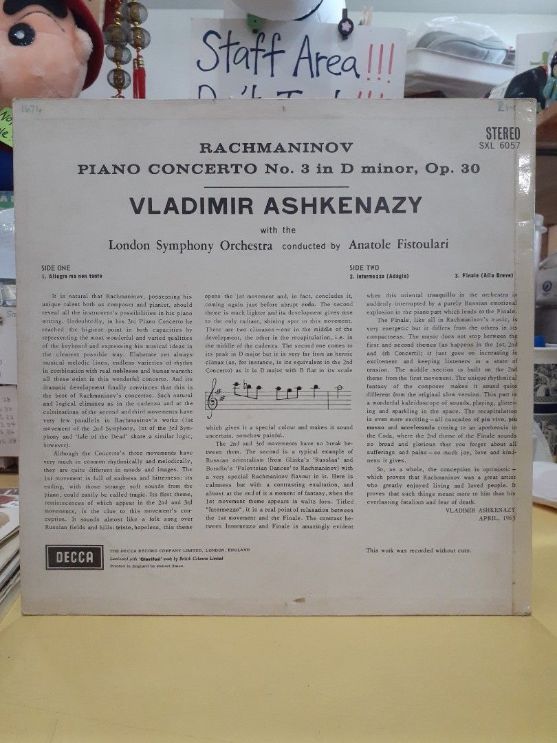 (LP) Vladimir Ashkenazy, Rachmaninov, Fistoulari, London Symphony - 3rd. Piano Concerto, Hobbies ...
