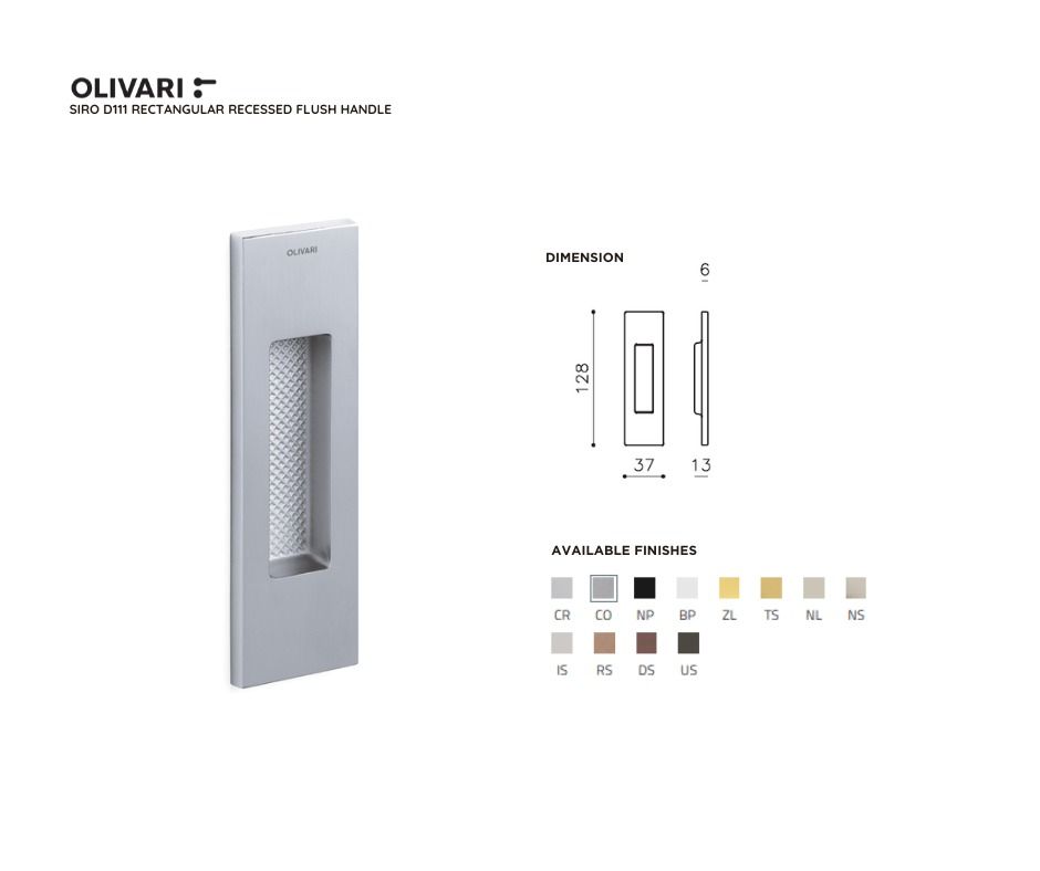 Olivari Siro D111 Rectangular Recessed Flush Door Handle in Satin Chrome Finish, Furniture ...