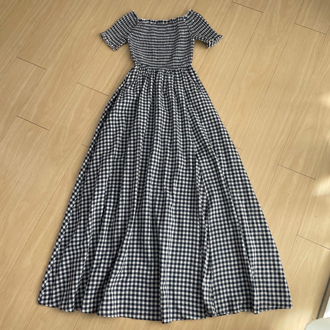 Shein Frill Trim Shirred Bodice Split Thigh Gingham Dress Navy Blue