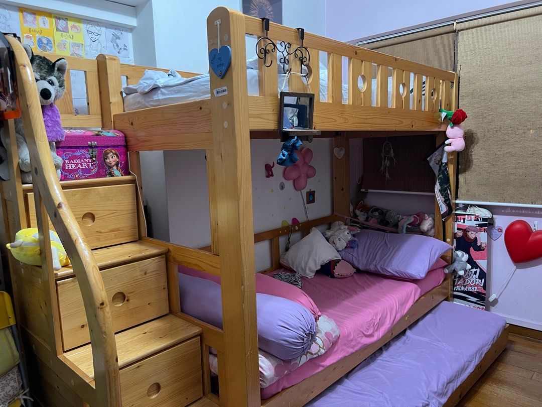 Solid Finnish Pine Wood Bunk Bed with trundle, Furniture & Home Living ...