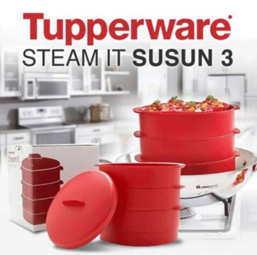 Steam It Tupperware 3 Susun Red, Kitchen & Appliances di Carousell