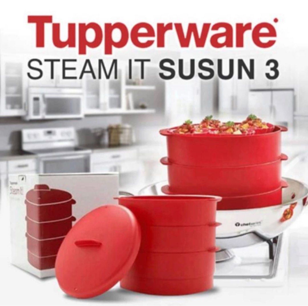 Steam It Tupperware 3 Susun Red, Kitchen & Appliances di Carousell