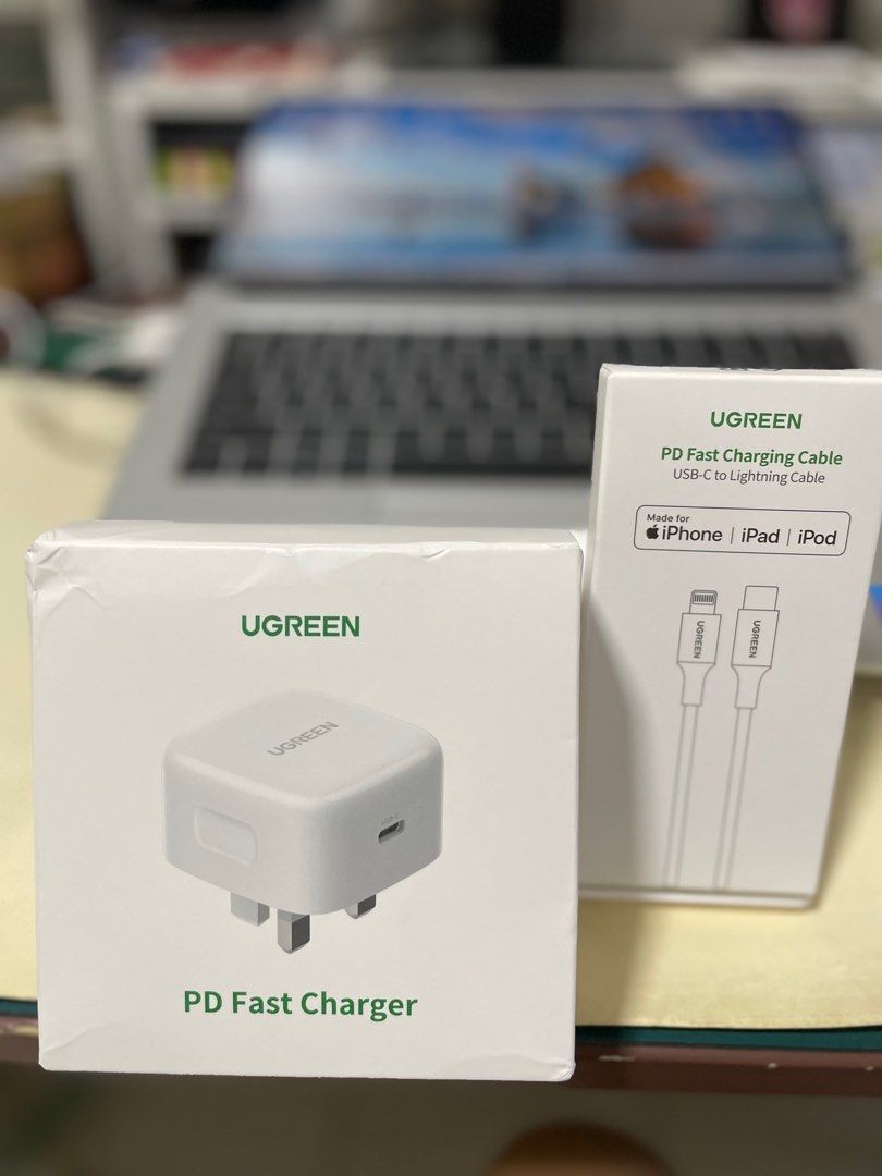 UGREEN PD Fast Charger 20W Type C Adapter + UGREEN MFI Braided USB C to Lightning 20W PD Fast ...
