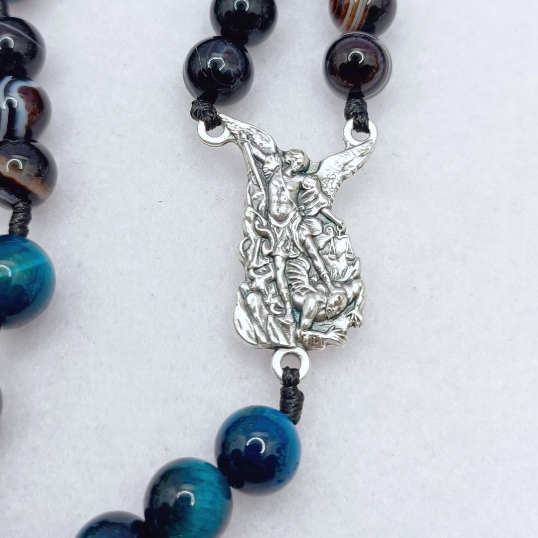 Chaplet of Saint Michael Archangel Rosary with Black Banded Agate, Blue Tiger Eye, St Michael ...
