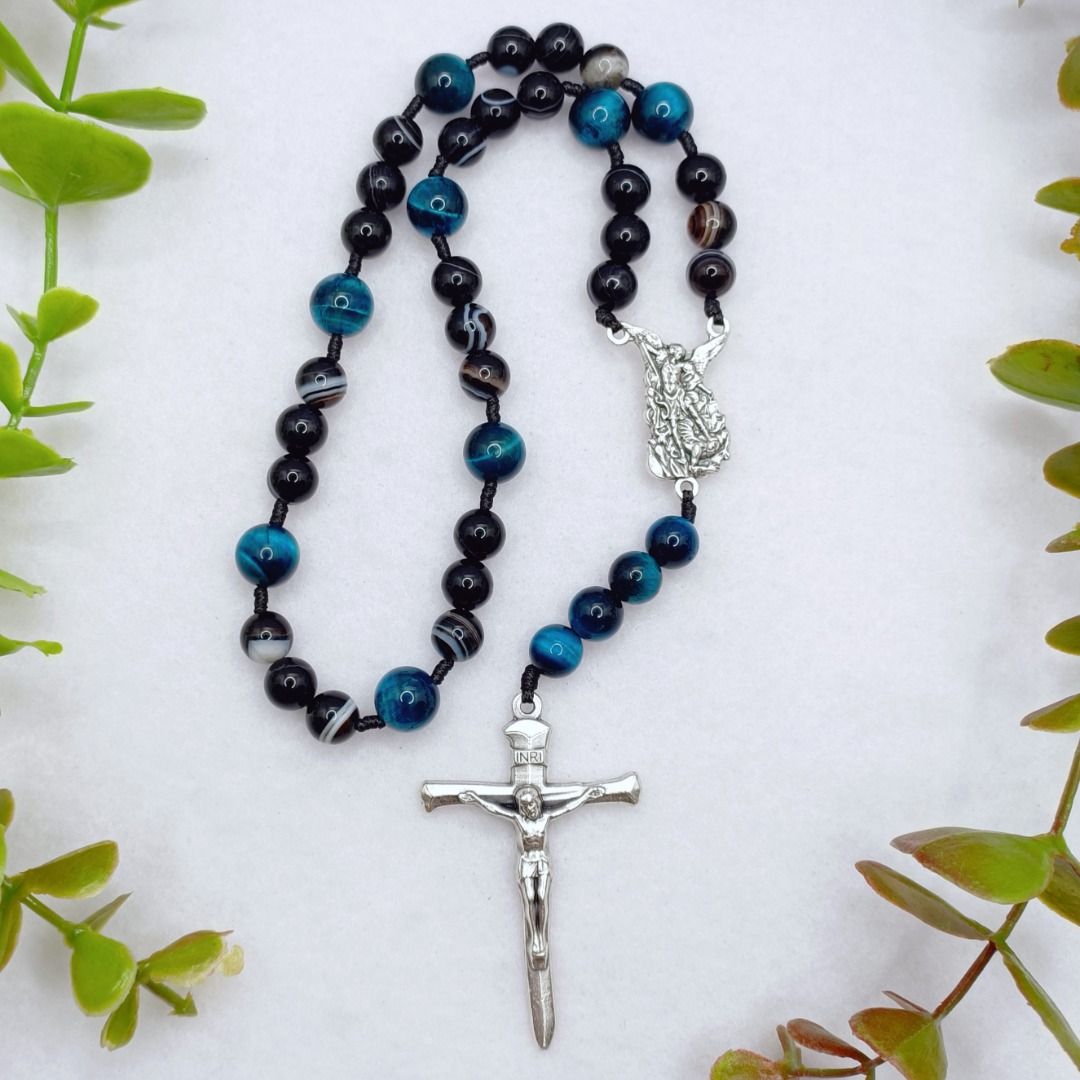 Chaplet of Saint Michael Archangel Rosary with Black Banded Agate, Blue Tiger Eye, St Michael ...