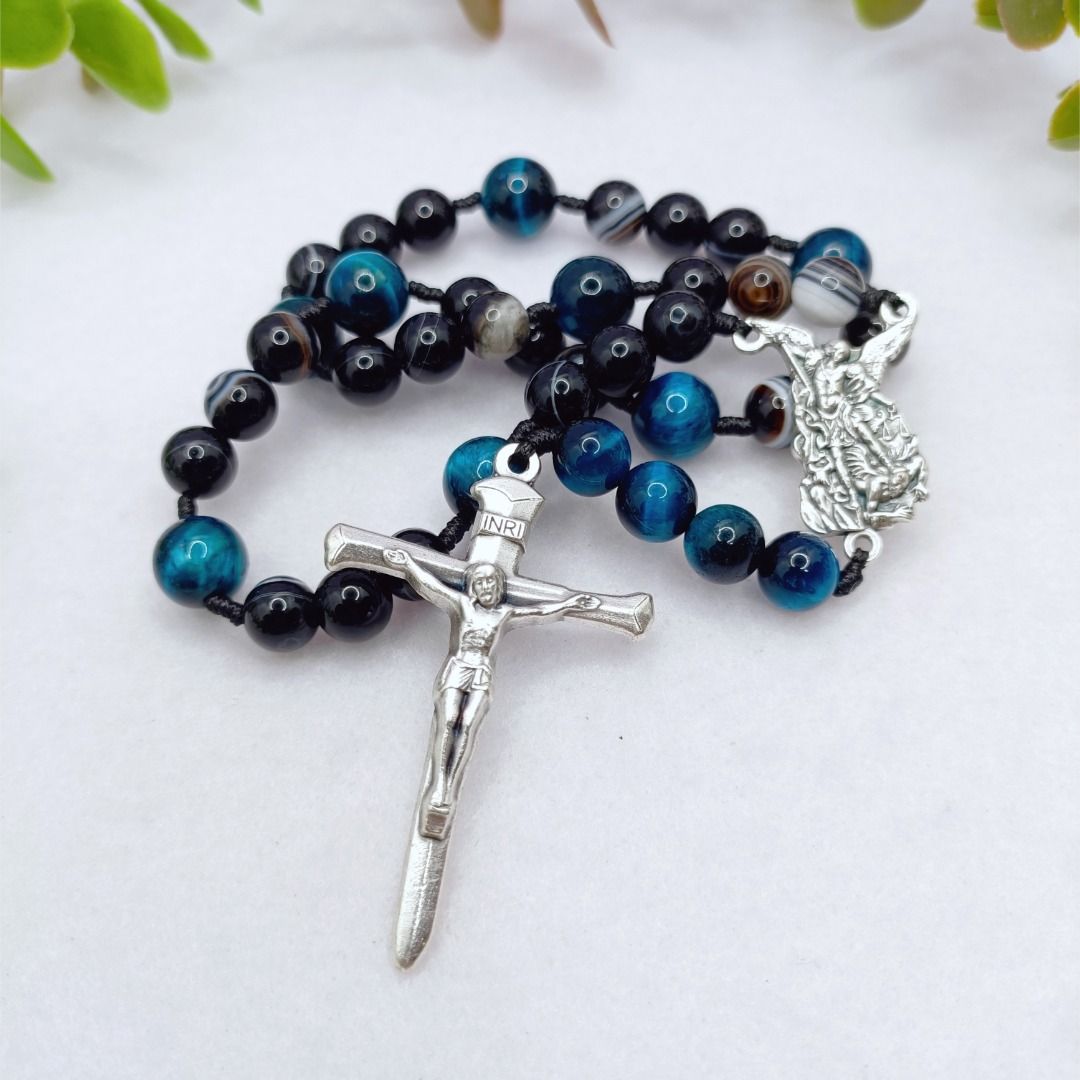 Chaplet of Saint Michael Archangel Rosary with Black Banded Agate, Blue Tiger Eye, St Michael ...