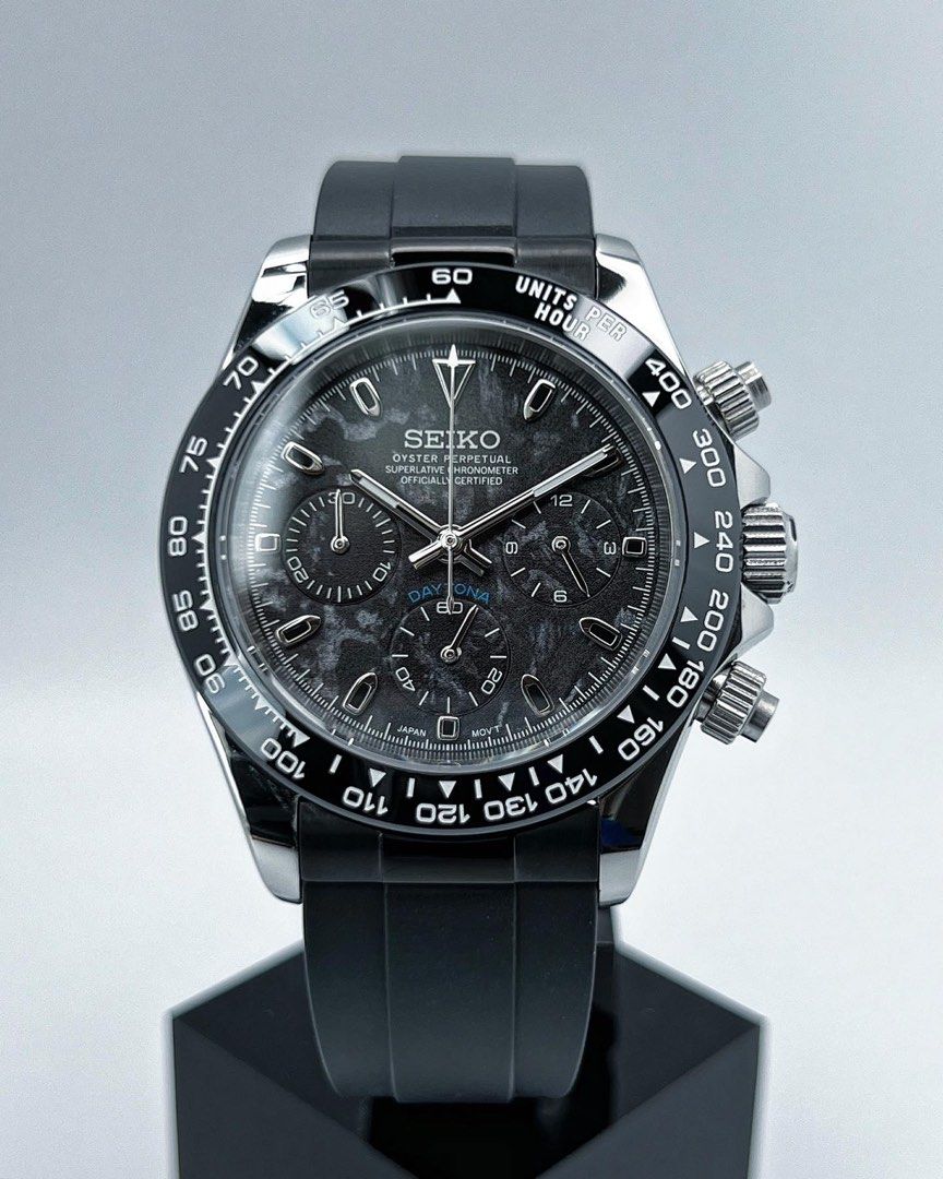 Custom Seiko Mod Carbon Daytona silver case, black metal endlink 39.5mm ...
