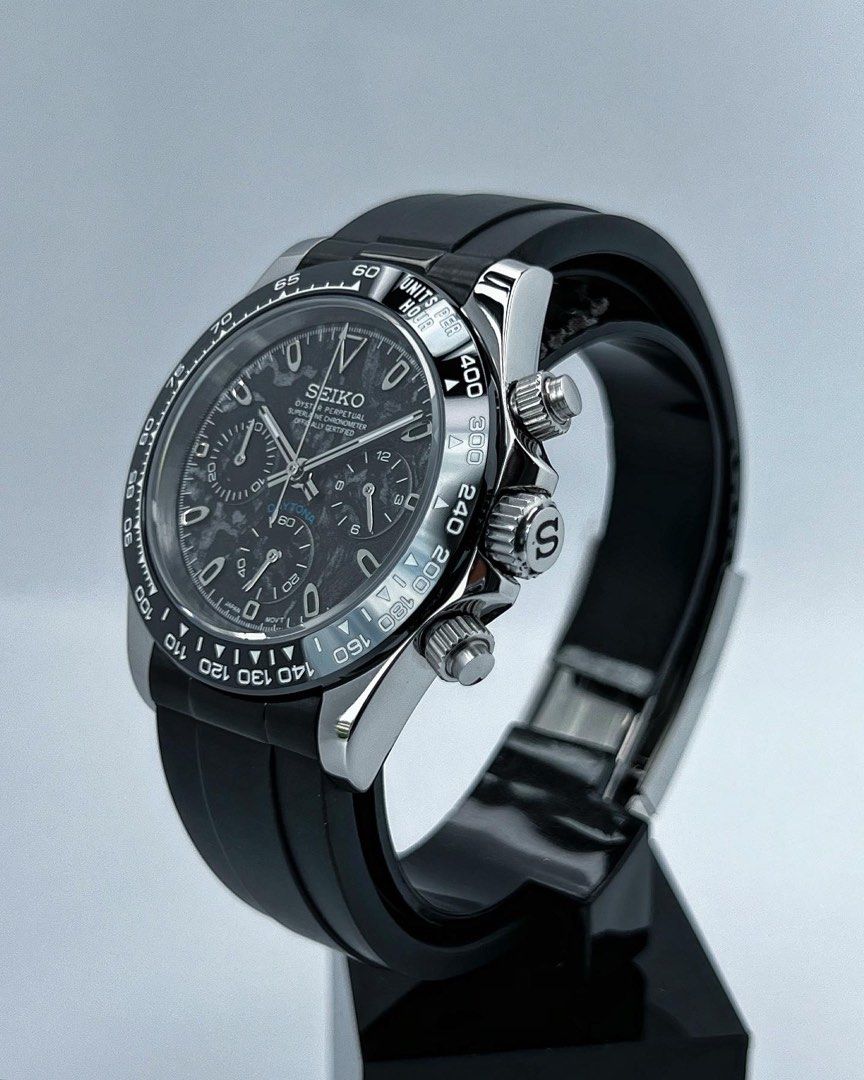 Custom Seiko Mod Carbon Daytona silver case, black metal endlink 39.5mm ...